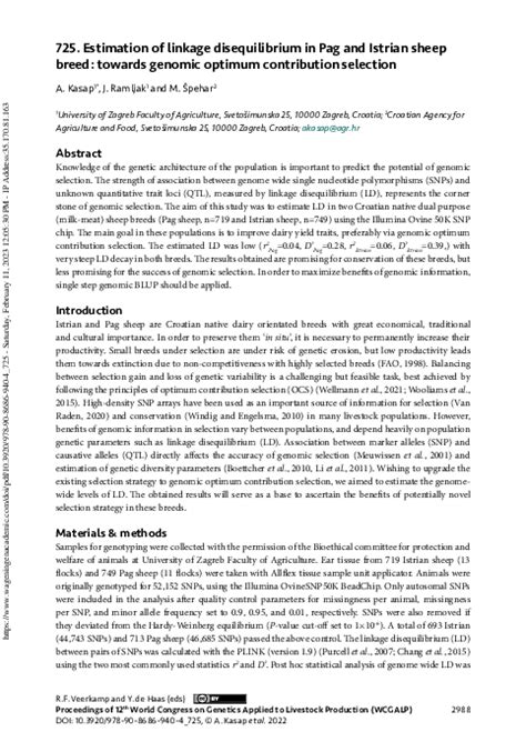 Pdf 725 Estimation Of Linkage Disequilibrium In Pag And Istrian Sheep Breed Towards Genomic