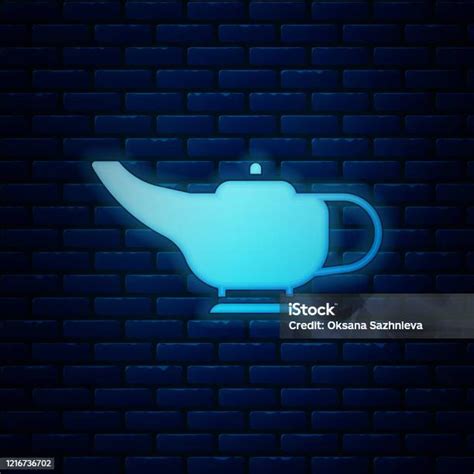 빛나는 네온 매직 램프 또는 벽돌 벽 배경에 고립 된 알라딘 램프 아이콘 소원을 위한 영적 등불 벡터 일러스트레이션 개념에 대한 스톡 벡터 아트 및 기타 이미지 Istock