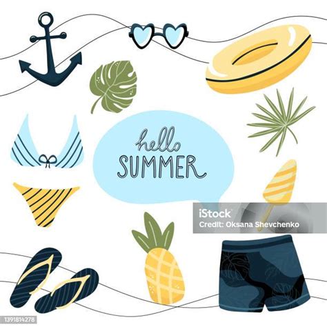 여름 컬렉션 귀여운 여름 요소 세트 옷 나뭇잎 과일 수영 서클 앵커 여름철 포스터 카드 배너에 적합합니다 손으로 그린 벡터 일러스트 레이 션 개념에 대한 스톡 벡터 아트 및