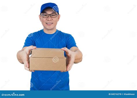 Smart Asian Chinese Delivery Guy In Uniform Delivering Parcel Stock