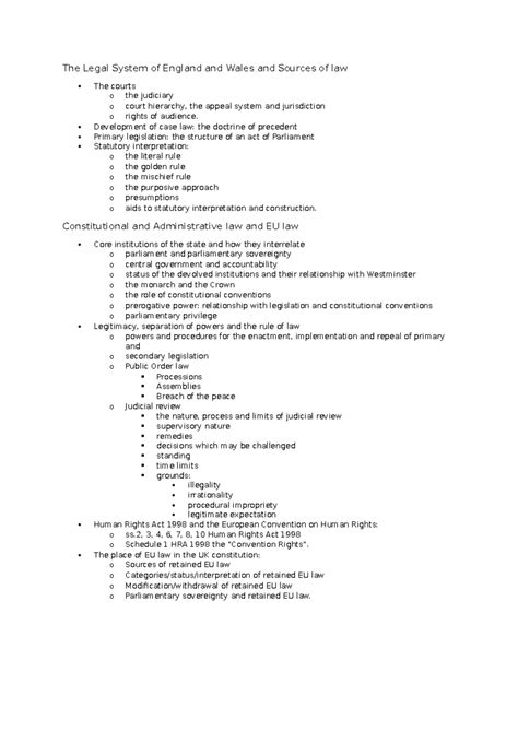 Legal System And Public Law Notes The Legal System Of England And Wales And Sources Of Law The