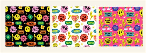 추상 복고풍 70 년대 패치 스티커 원활한 패턴 세트 핀 스탬프 배경의 스티커 컬렉션 재미있는 귀여운 만화 캐릭터 만화 스타일 벡터 일러스트레이션 패턴에 대한 스톡 벡터