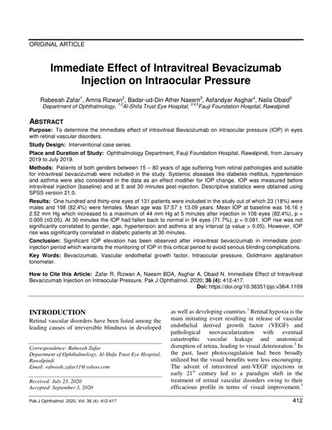 Pdf Immediate Effect Of Intravitreal Bevacizumab Injection On Intraocular Pressure