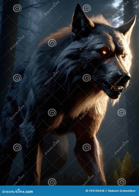 Illustration Of An Ultra Realistic Werewolf In Dramatic Light Fog Stock