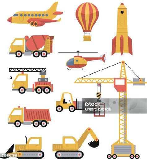 다양한 차량의 큰 세트 건설 작업을위한 특수 기계 타워 크레인 굴착기 트랙터 불도저 트럭 공중 수송기 헬리콥터 열기구 및 우주 로켓 트럭에 대한 스톡 벡터 아트 및 기타