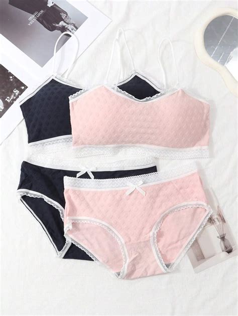 Tween Girl 2 Sets Of Comfortable Contrast Mesh Bow Decoration Underwear