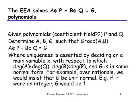 Ppt Extended Euclidean Algorithm In Cs 282 Lecture By Richard Fateman