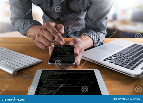 developer team working laptop computer mobile application softw stock