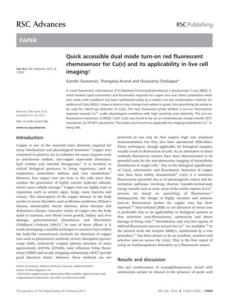 Pdf Quick Accessible Dual Mode Turn On Red Fluorescent Chemosensor For Cuii And Its