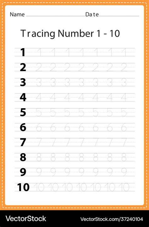 Tracing Number 1 10 Worksheet For Kindergarten Vector Image Worksheets Library