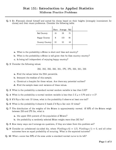 STAT Midterm Problems Stat 151 Introduction To Applied Statistics Midterm Practice Problems Q
