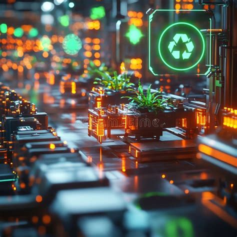 Automated Modular Assembly Line With Holographic Eco Symbols In Futuristic Cyberpunk Inspired