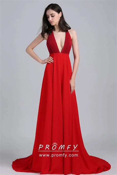Shades Of Red Sexy Open Back Plunging Neck Prom Dress Promfy
