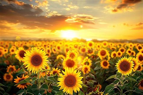 Field Of Yellow Sunflowers On Golden Sunset Stock Illustration Illustration Of Farm Growth