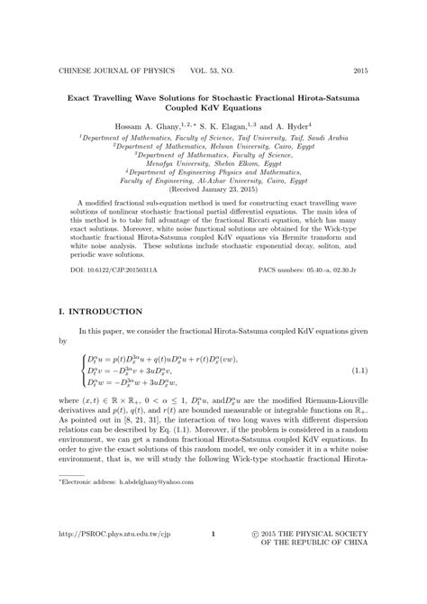 Pdf Exact Travelling Wave Solutions For Stochastic Fractional Hirota Satsuma Coupled Kdv Equations