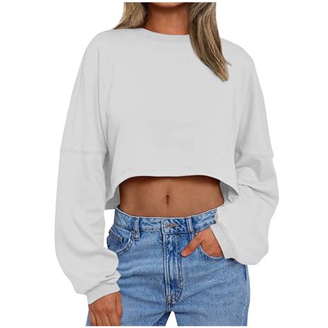 Womens Cropped Sweatshirt Casual Long Sleeve Crop Top Crew Neck