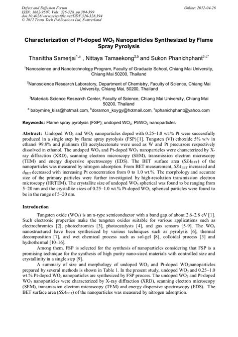 Characterization Of Pt Doped Wo3 Nanoparticles Synthesized By Flame Spray Pyrolysis Scientific Net