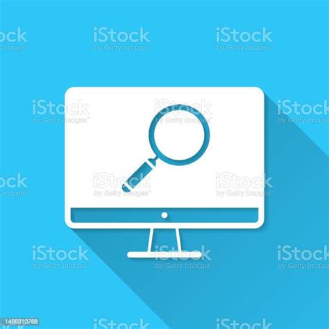 데스크톱 컴퓨터의 돋보기 파란색 배경에 아이콘 긴 그림자가 있는 평면 디자인 3차원 형태에 대한 스톡 벡터 아트 및 기타 이미지 3차원 형태 개념 검사 보기 Istock