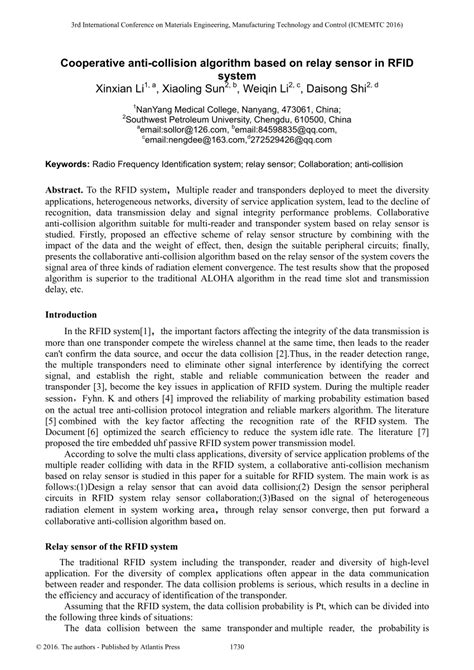 Pdf Cooperative Anti Collision Algorithm Based On Relay Sensor In