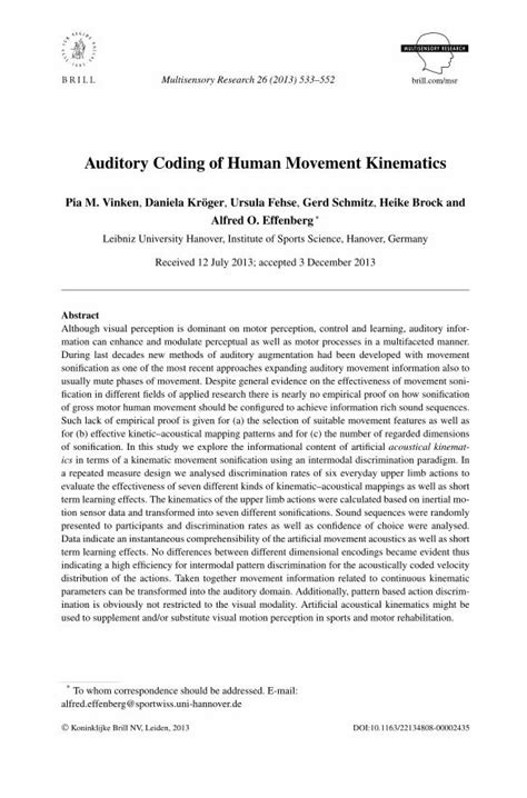 Pdf Auditory Coding Of Human Movement Kinematicssonification Online