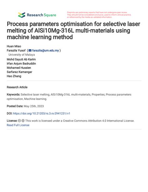 Pdf Process Parameters Optimisation For Selective Laser Melting Of