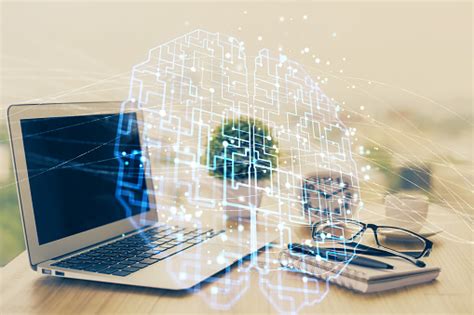 데스크톱 컴퓨터와 인간의 두뇌 그리기 홀로그램의 이중 노출 Ai 컨셉 개념에 대한 스톡 사진 및 기타 이미지 개념 개발