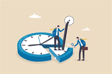 시간 또는 출석 추적 시스템 프로젝트 관리 생산성 워크플로 또는 노력의 작업 효율성 분석 작업 개념을 완료하는 데 소요되는 시간 사업가는 시계를 조각으로 잘라 분석합니다