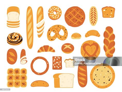 베이커리 제품 및 빵 구색 세트 흰색 배경에 분리된 평면 벡터 그림입니다 빵에 대한 스톡 벡터 아트 및 기타 이미지 빵 바게트 일러스트레이션 Istock