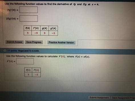 solved use the following function values to find the