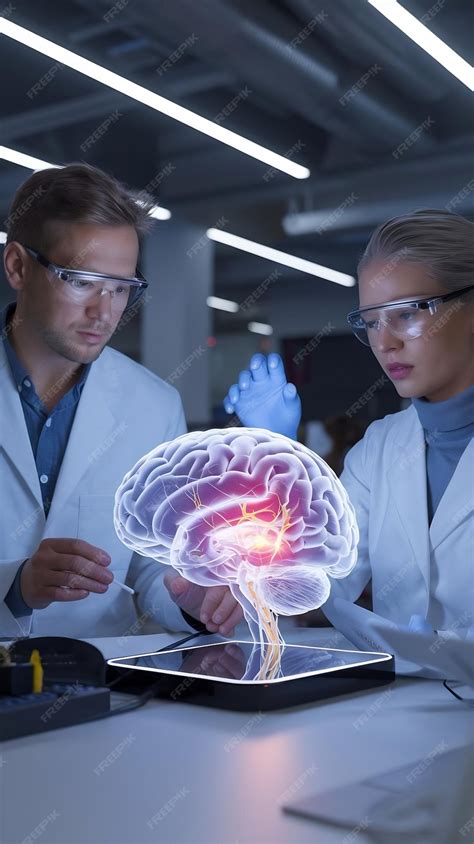 Two Neuroscientists Working With Computer Powered Animated VFX Hologram Of Human Brain And ...
