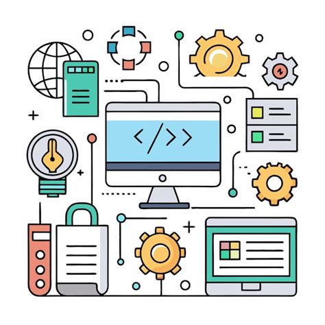 web development concept illustration with computer code gears and lock