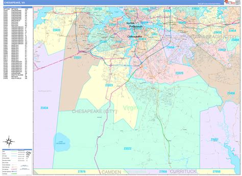 Color Cast Zip Code Style Wall Map Of Chesapeake Va By Market Maps American Map Store