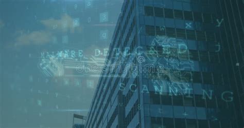 animation of cyber security warning text and shield over office stock