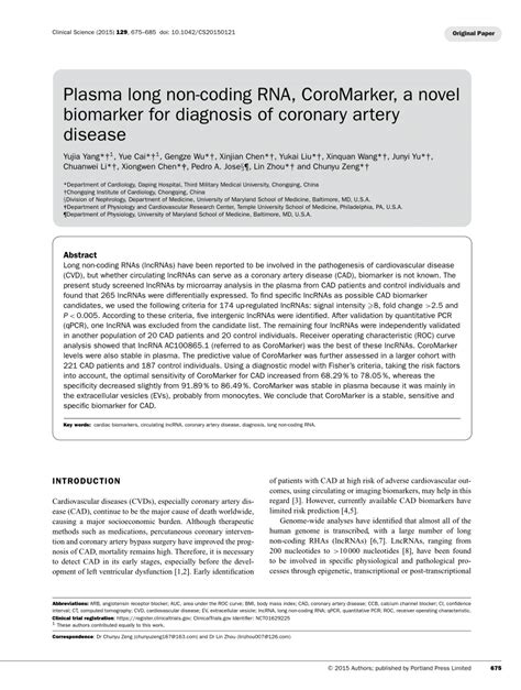 PDF Plasma Long Non Coding RNA CoroMarker A Novel Biomarker For Diagnosis Of Coronary Artery