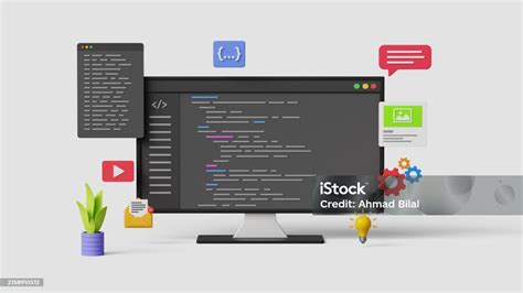 소프트웨어 또는 게임 프로그래밍 또는 개발 흰색 배경에 3d 컴퓨터에서 응용 프로그램 프로그램 또는 코드 개발 0명에 대한 스톡