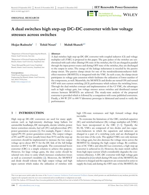 Pdf A Dual Switches High Step‐up Dc Dc Converter With Low Voltage Stresses Across Switches