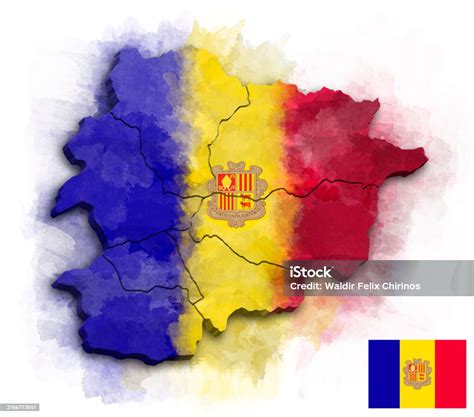 Map Of Andorra With Flag And Parishes Watercolor Style Stock