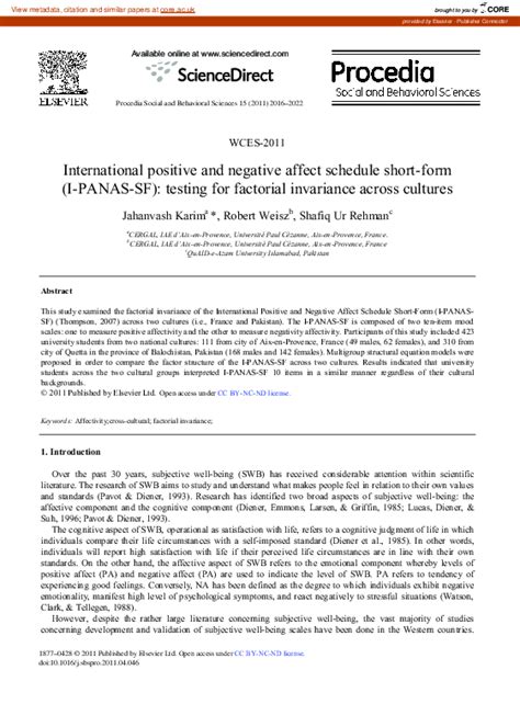 Pdf International Positive And Negative Affect Schedule Short Form I Panas Sf Testing For
