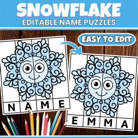 Editable Snowflake Name Puzzle Craft Winter Craftivity January Activities