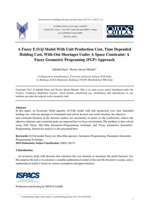Pdf A Fuzzy Eoq Model With Unit Production Cost Time Depended