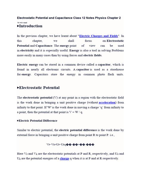 Electrostatic Potential And Capacitance Class 12 Notes Physics Chapter