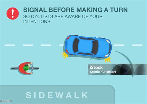 안전 운전 요령 및 규칙 자전거 운전자가 경고 디자인의 의도를 알 수 있도록 회전하기 전에 신호를 보냅니다 세단 자동차와 자전거 라이더의 평면도 개체 그룹에 대한 스톡 벡터
