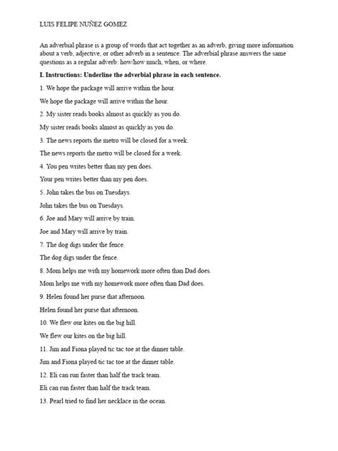 Adverbial Phrase And Wh Questions Practice Pdf Adverb Linguistic Typology