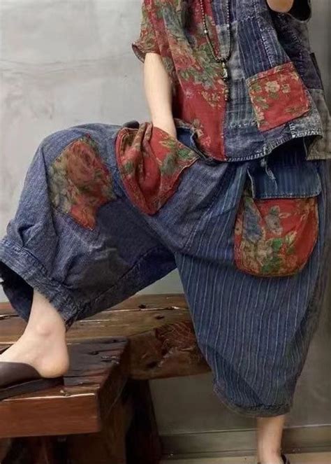 Stylish Blue Pockets Print Elastic Waist Patchwork Linen Harem Pants