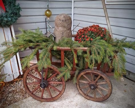 Rustic Christmas Decor Old Wooden Wagon With Plants