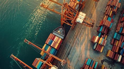 Aerial View Of Colourful Container Seaside Mediterranean Port And Logistics Terminal In Crane