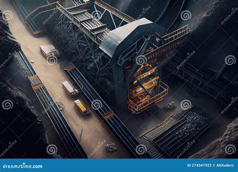 overhead view of coal mine with conveyor belt transporting raw