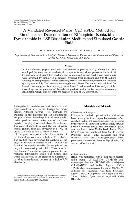 Pdf A Validated Reversed Phase C 18 Hplc Method For Simultaneous