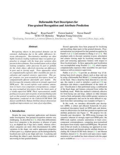 Pdf Deformable Part Descriptors For Fine Grained Recognition And Attribute Prediction