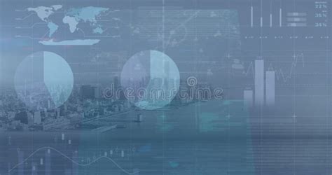 animation of data processing with world map over cityscape stock
